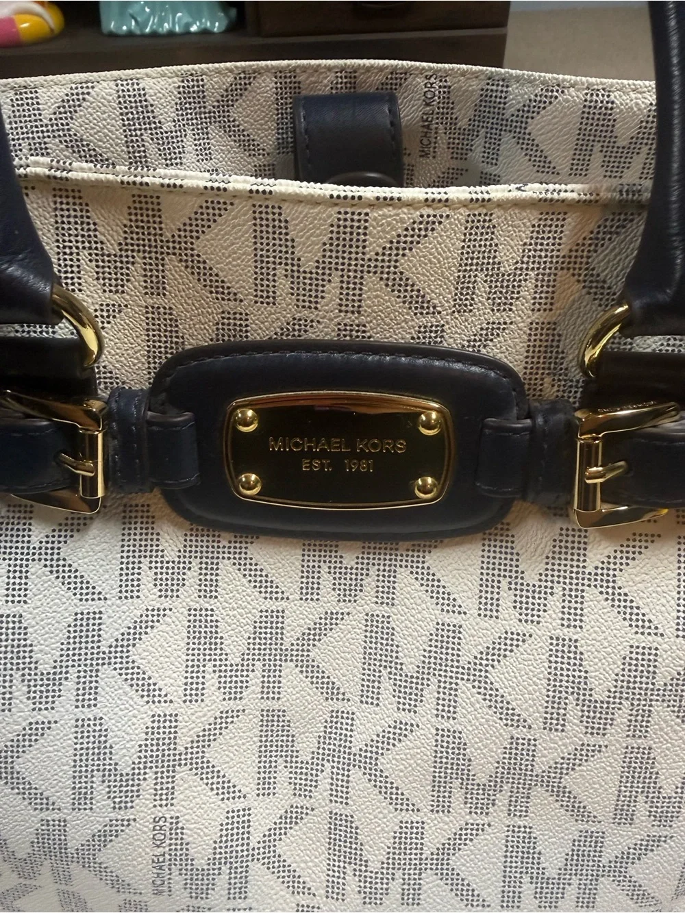 Michael Kors | Bags | Michael Kors Navy Leather Trim Signature Logo ...